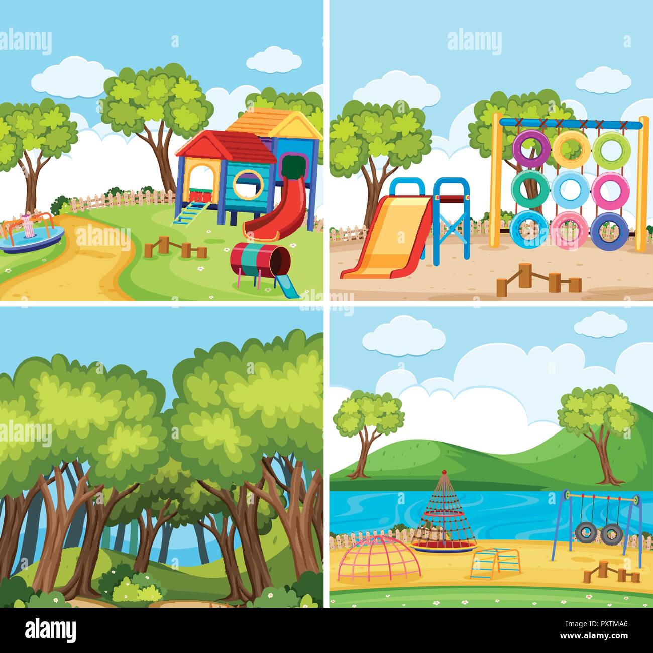 Four background scenes with playgrounds and forest illustration Stock ...