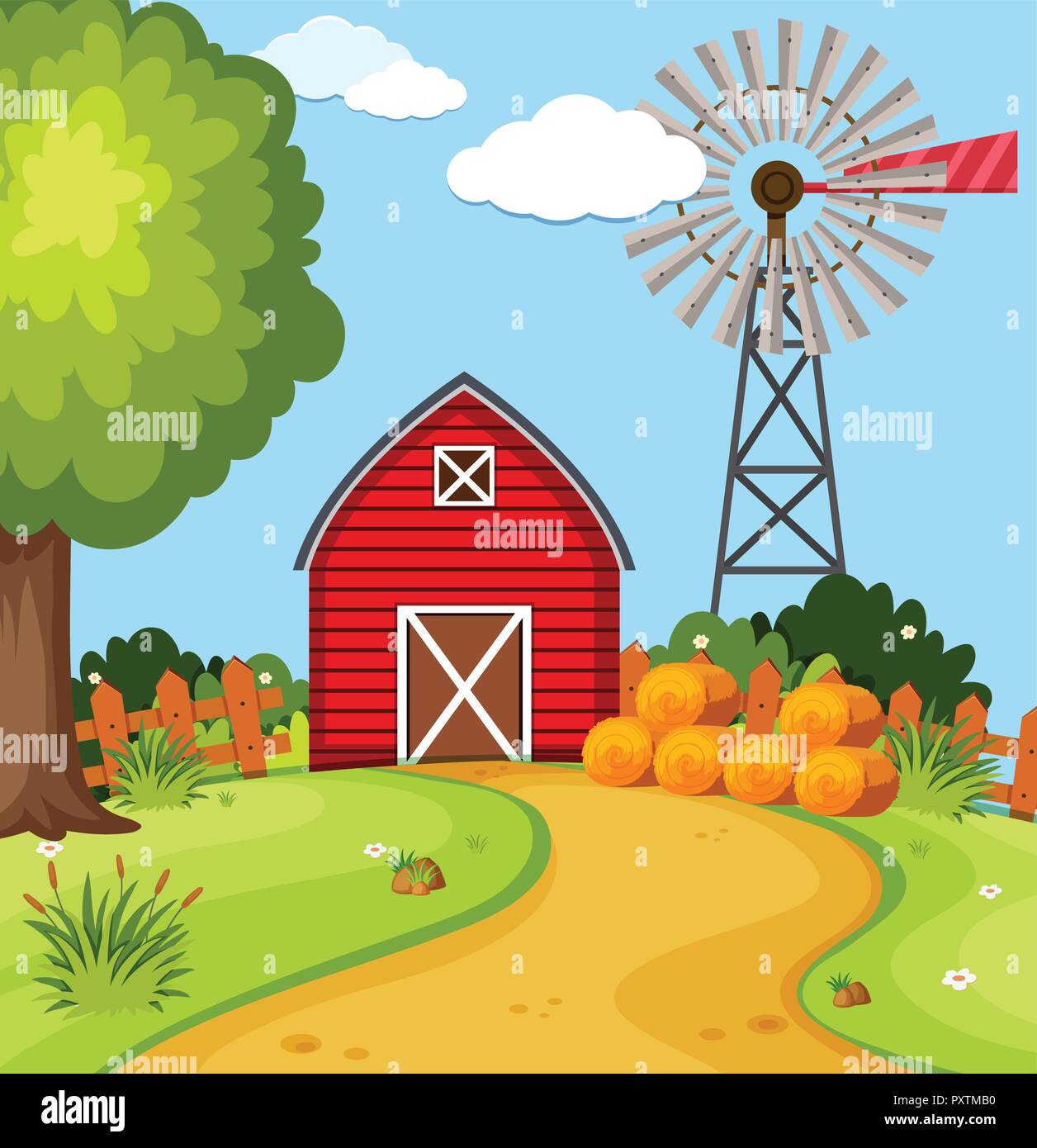 Red barn and wind turbine on the farm illustration Stock Vector Image ...