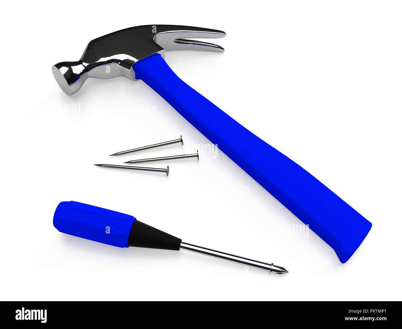 Hammer, screwdriver and nails on white background. 3D rendering Stock ...