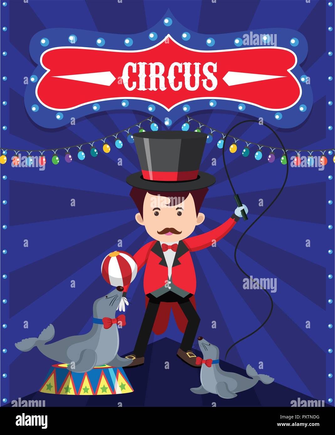 Poster design for circus with ring master and seals illustration Stock ...