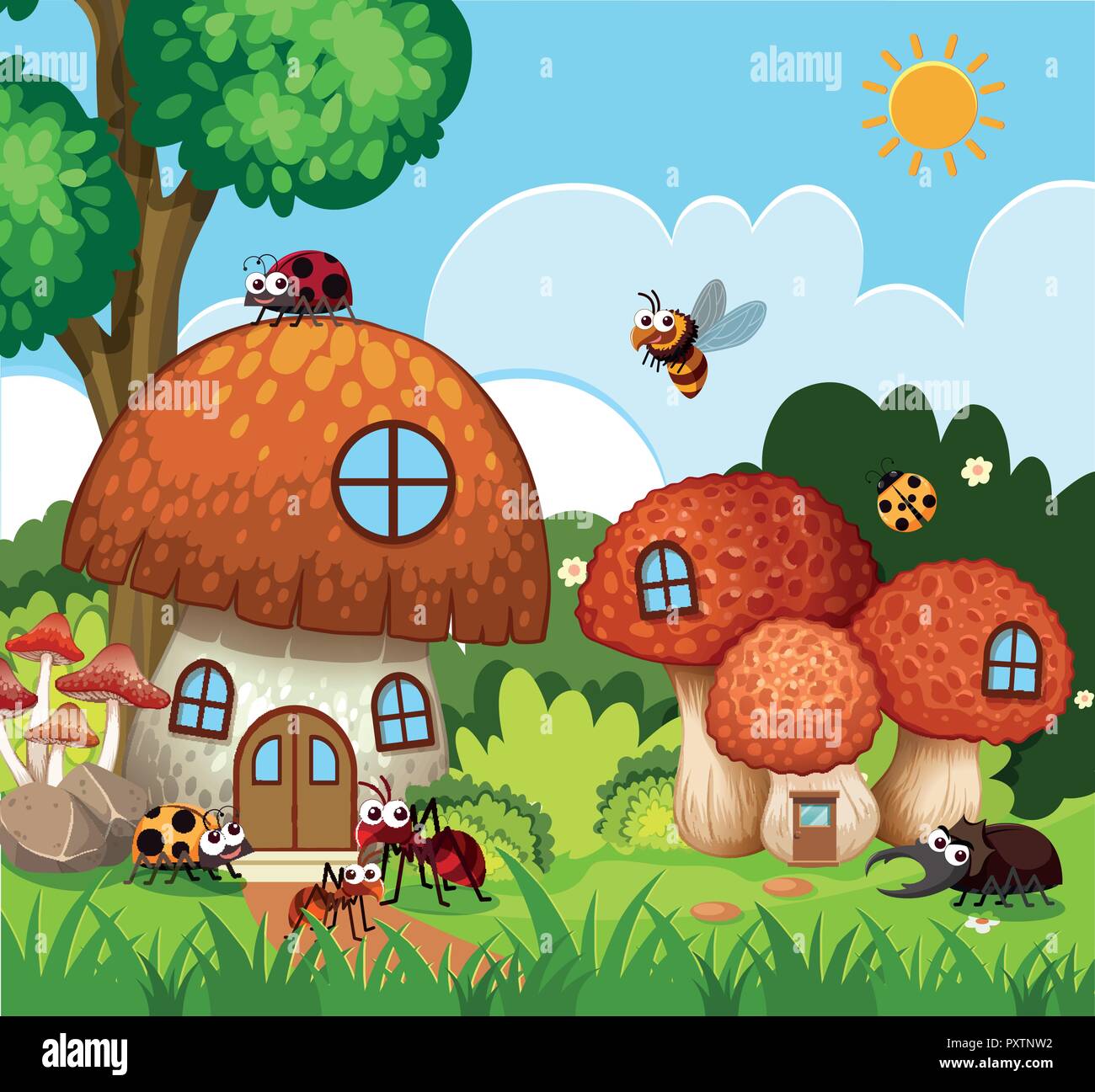 Many insects flying around mushroom house in garden illustration Stock ...