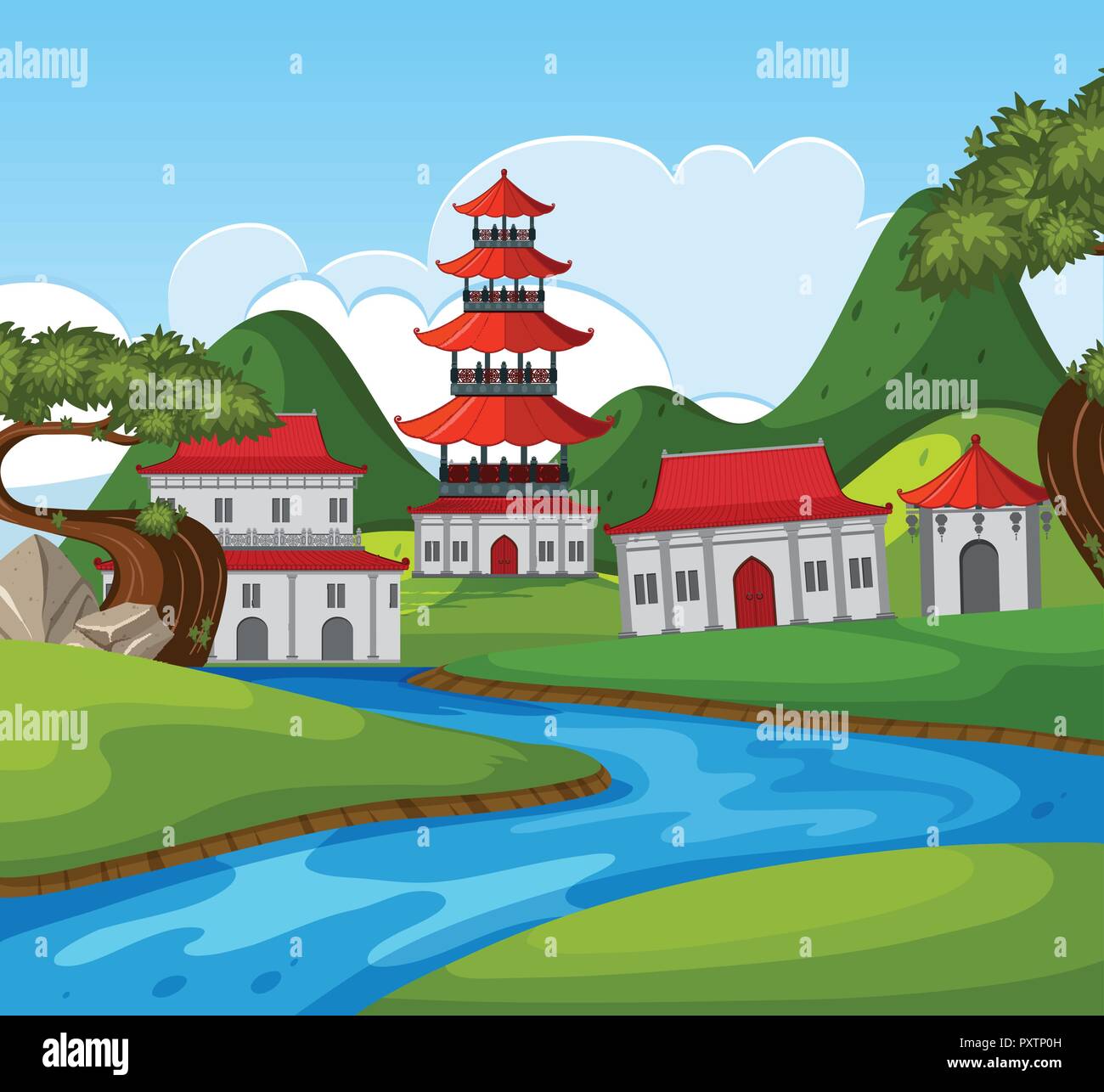 Chinese theme background with many buildings by river illustration ...