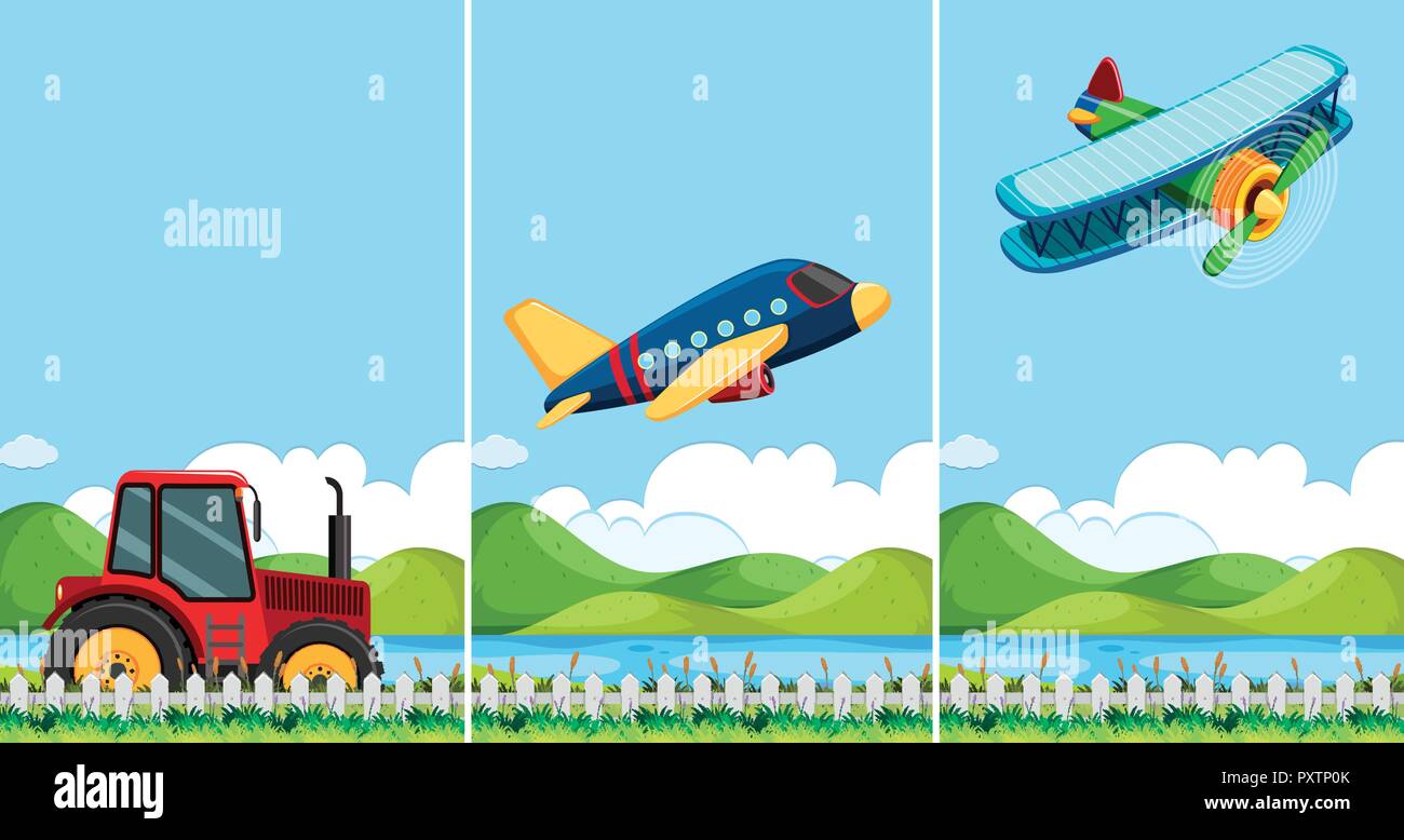 Three scenes with different types of transportation illustration Stock ...