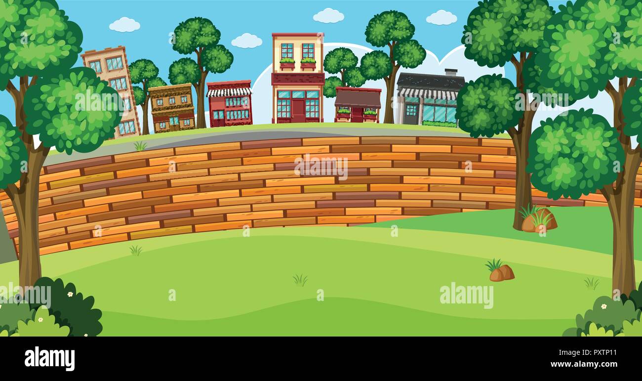 Background scene with buildings and brickwall illustration Stock Vector ...