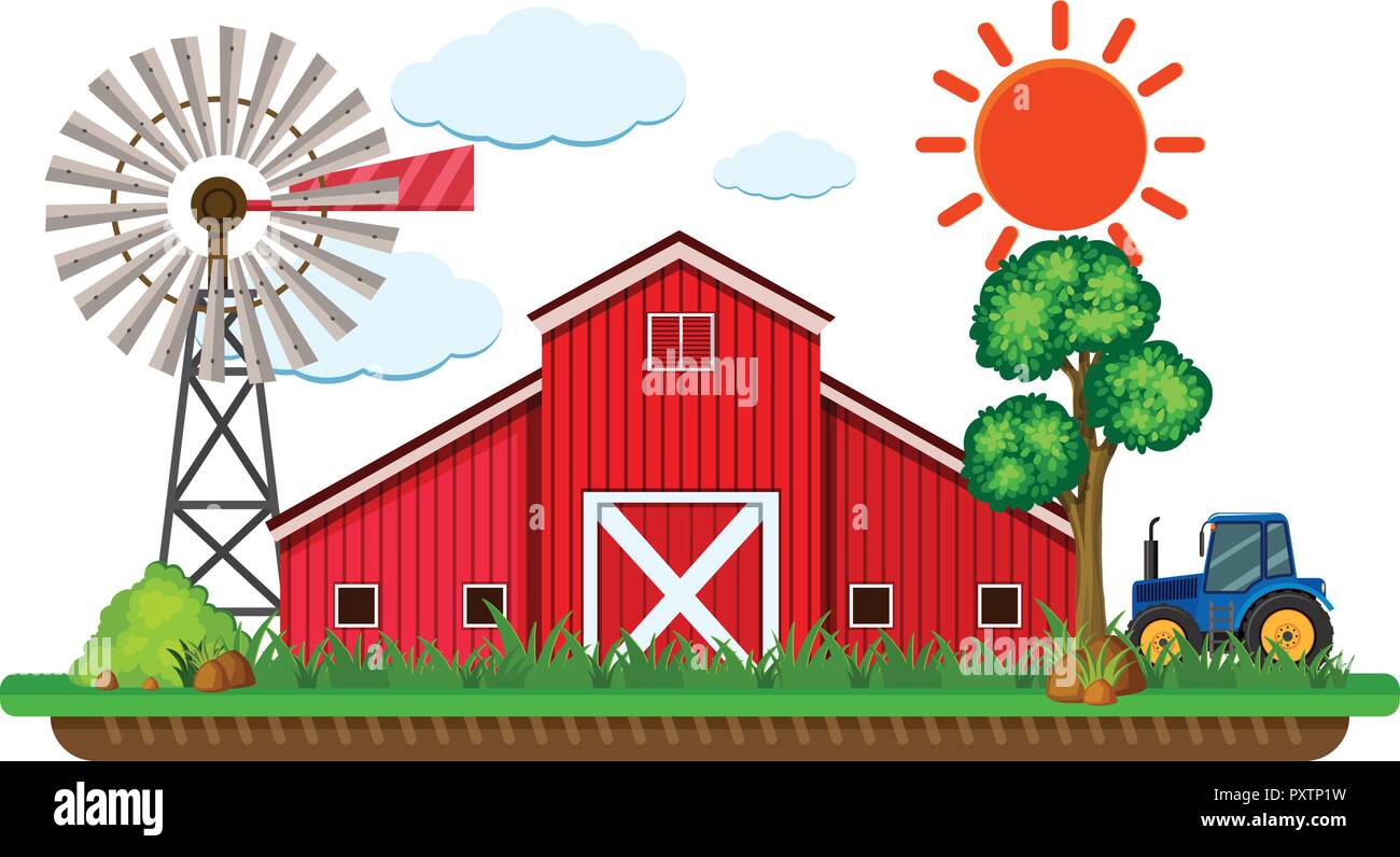 Scene with red barn and blue tractor illustration Stock Vector Image ...