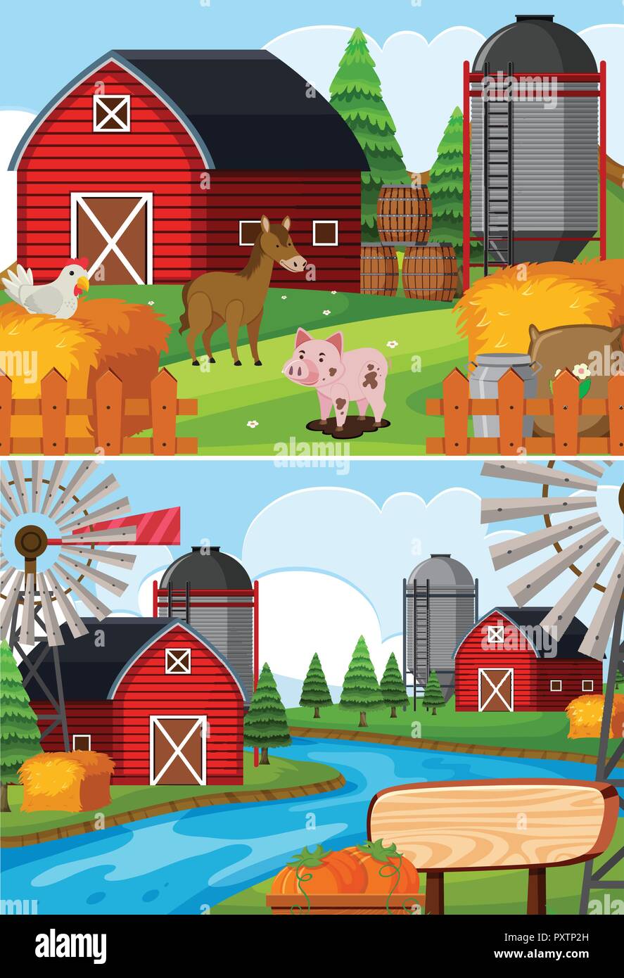 Two farm scenes with animals and barns illustration Stock Vector Image ...