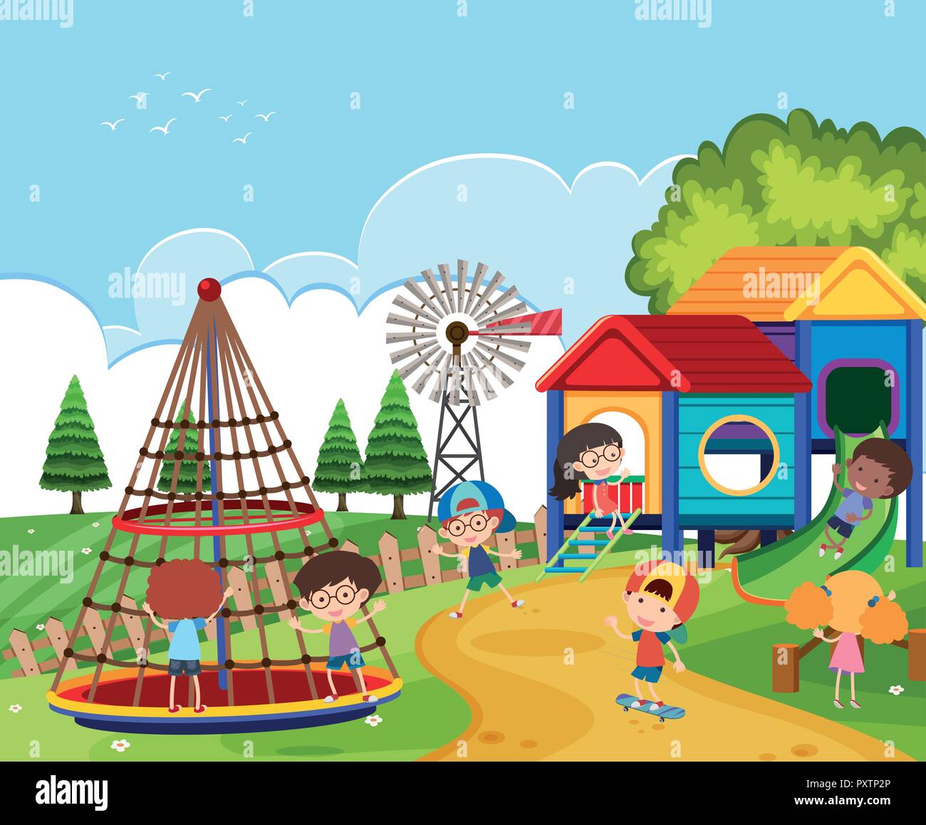 Scene with kids playing in the playground illustration Stock Vector ...
