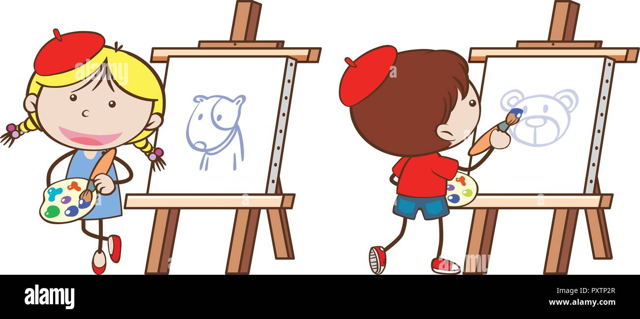 Two kids drawing on canvas illustration Stock Vector Image & Art - Alamy