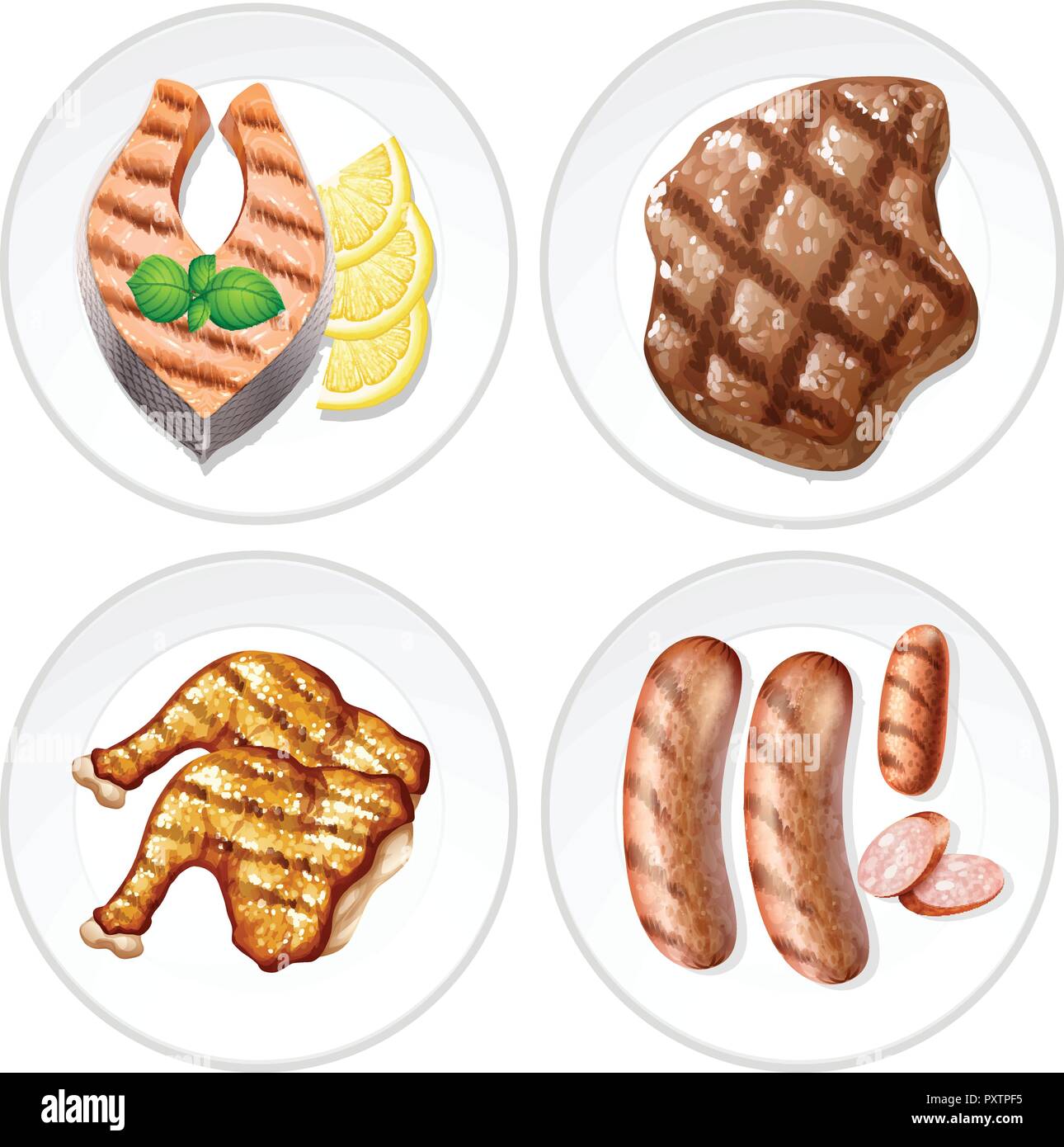 Four plates of grilled food with different meats illustration Stock ...