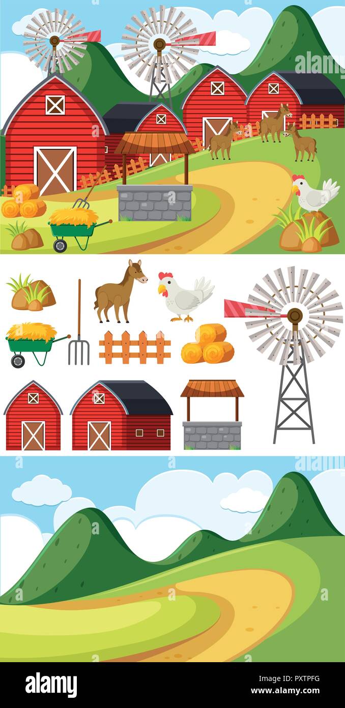 Two scenes with different farm elements illustration Stock Vector Image ...