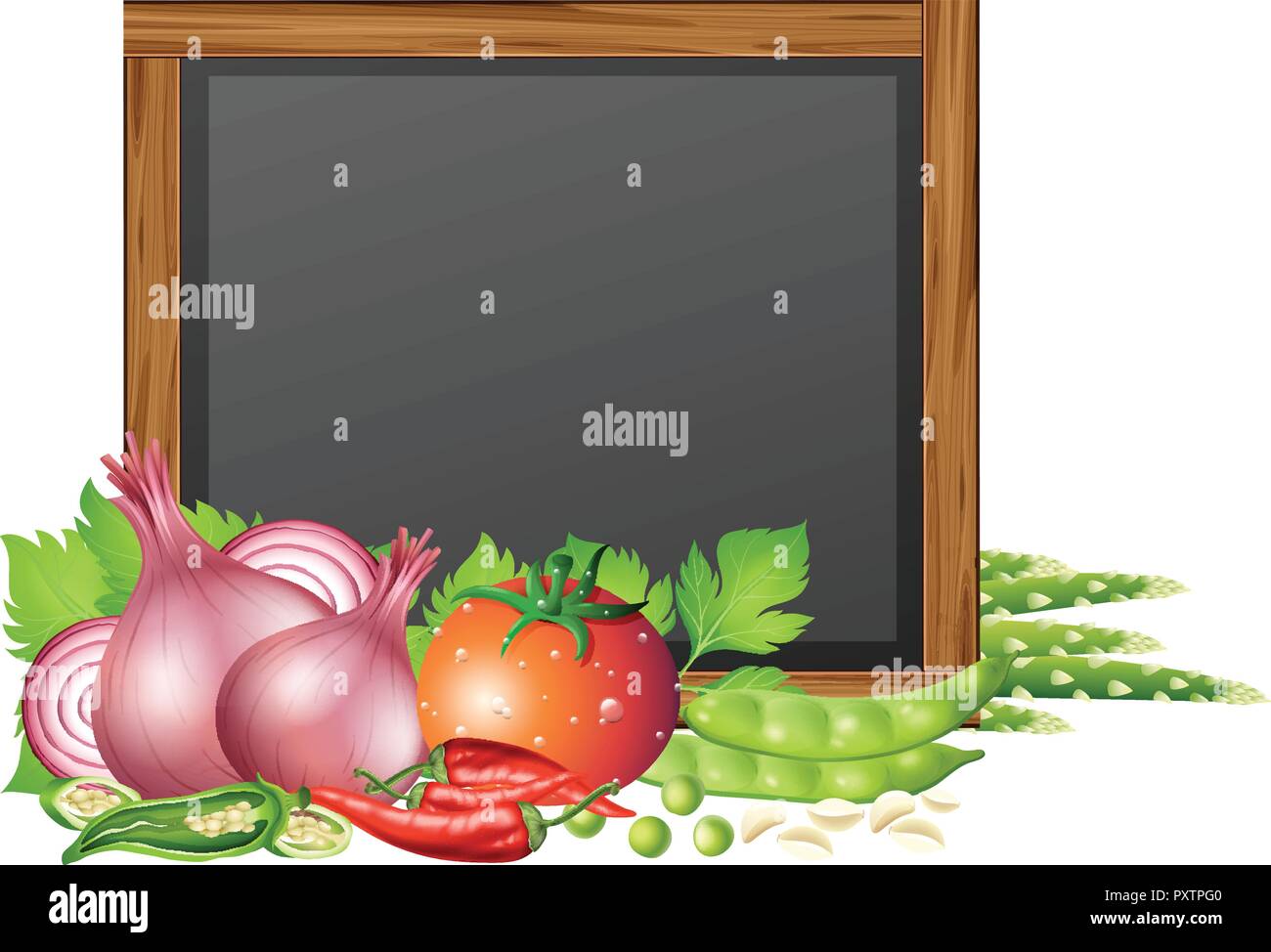 Chalkboard with fresh vegetables in background illustration Stock ...