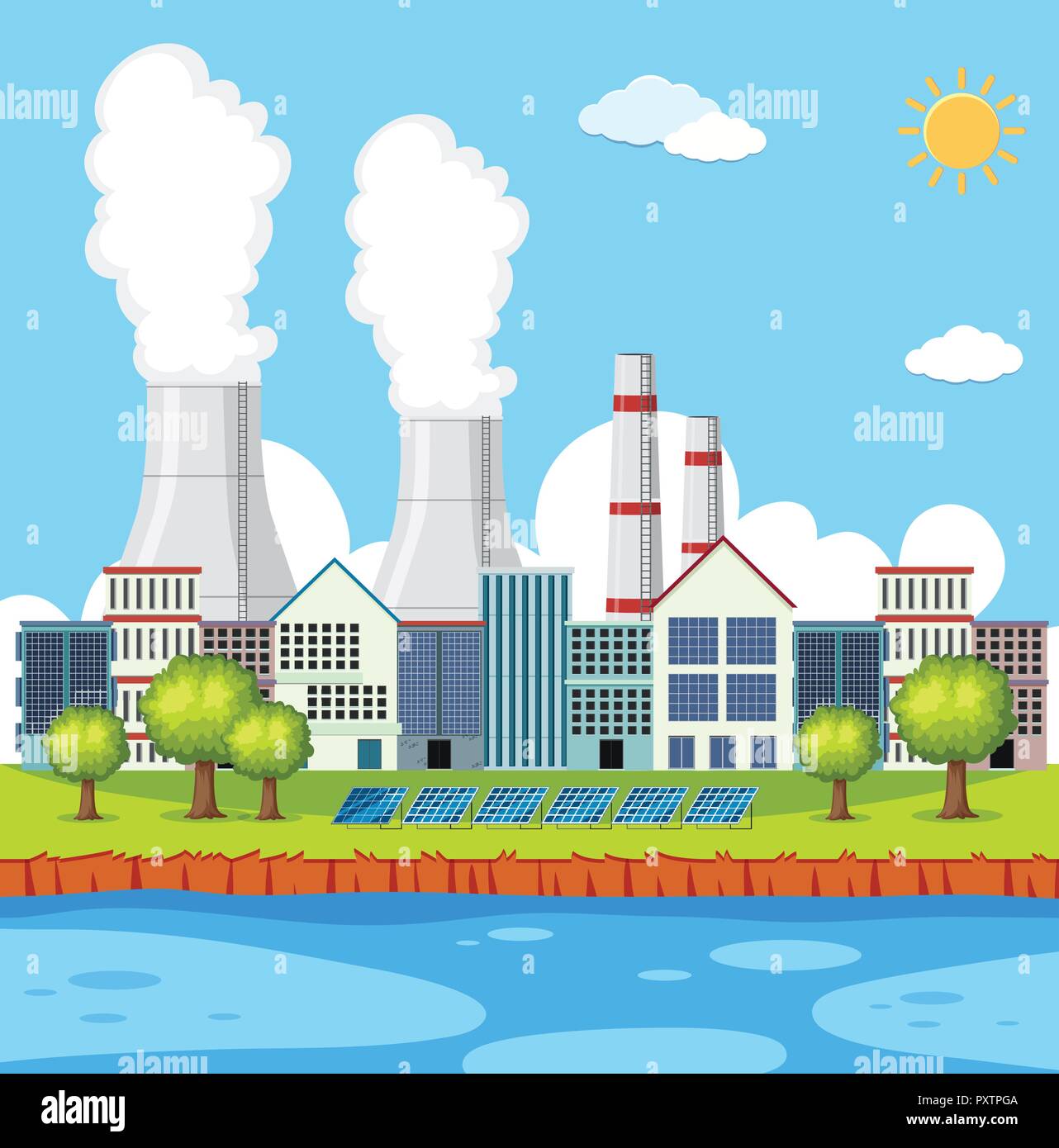 Factory scene with buildings and chimneys illustration Stock Vector ...