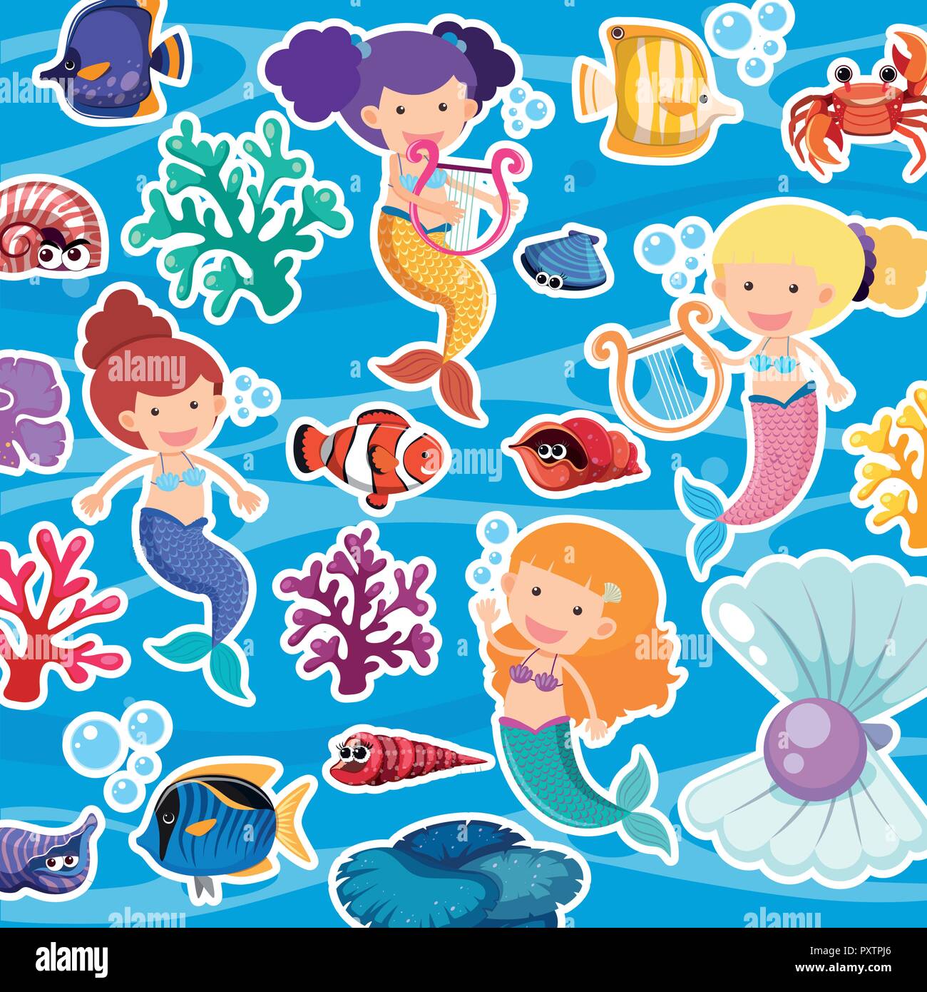 Seamless background with mermaids and fish illustration Stock Vector ...
