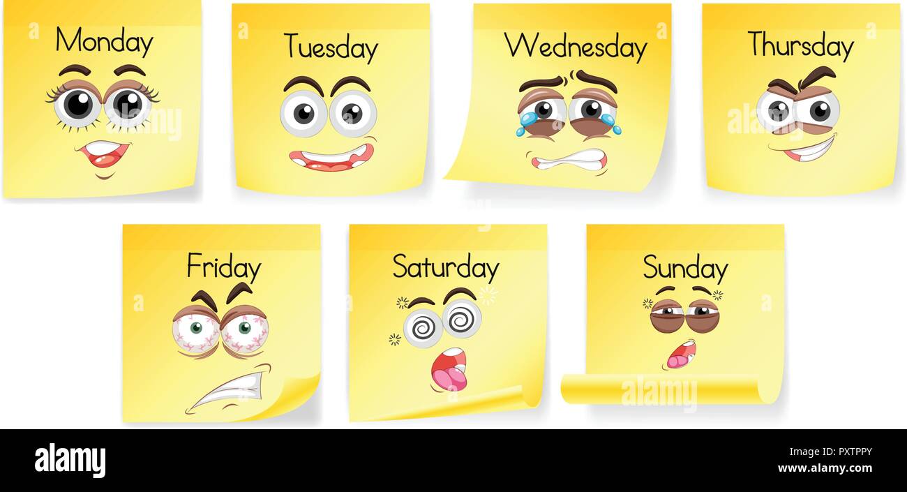 Yellow notes with days of the week and facial expressions illustration ...