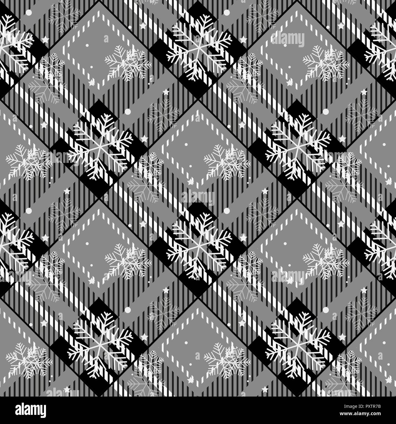 Plaid checkered tartan and snowflake seamless pattern in black and ...