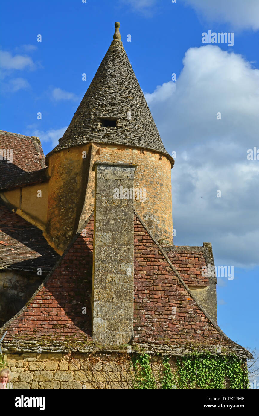 Turret and roof. Medieval french architecture in the Dordogne region at ...
