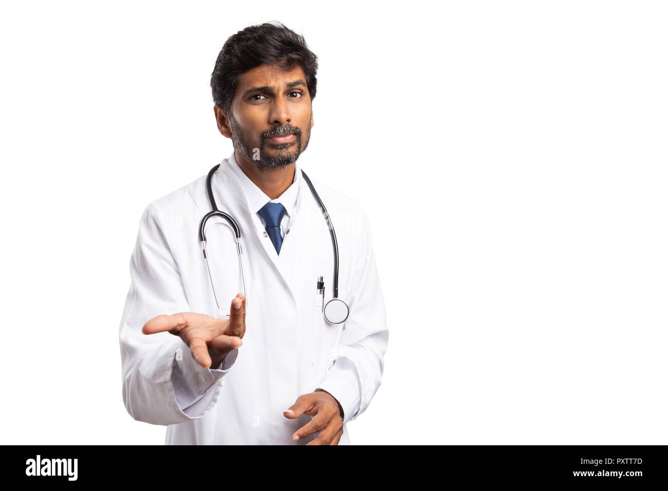 Confused indian male doctor making asking question gesture with hand ...