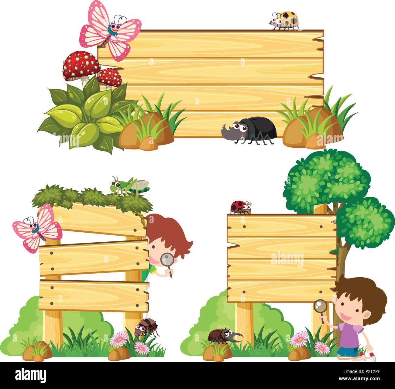 Wooden signs with boy and insects illustration Stock Vector Image & Art ...