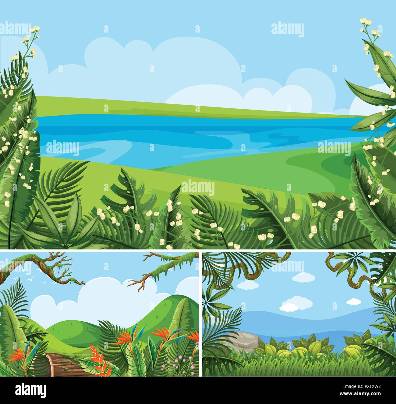 Three scenes of nature at daytime illustration Stock Vector Image & Art ...