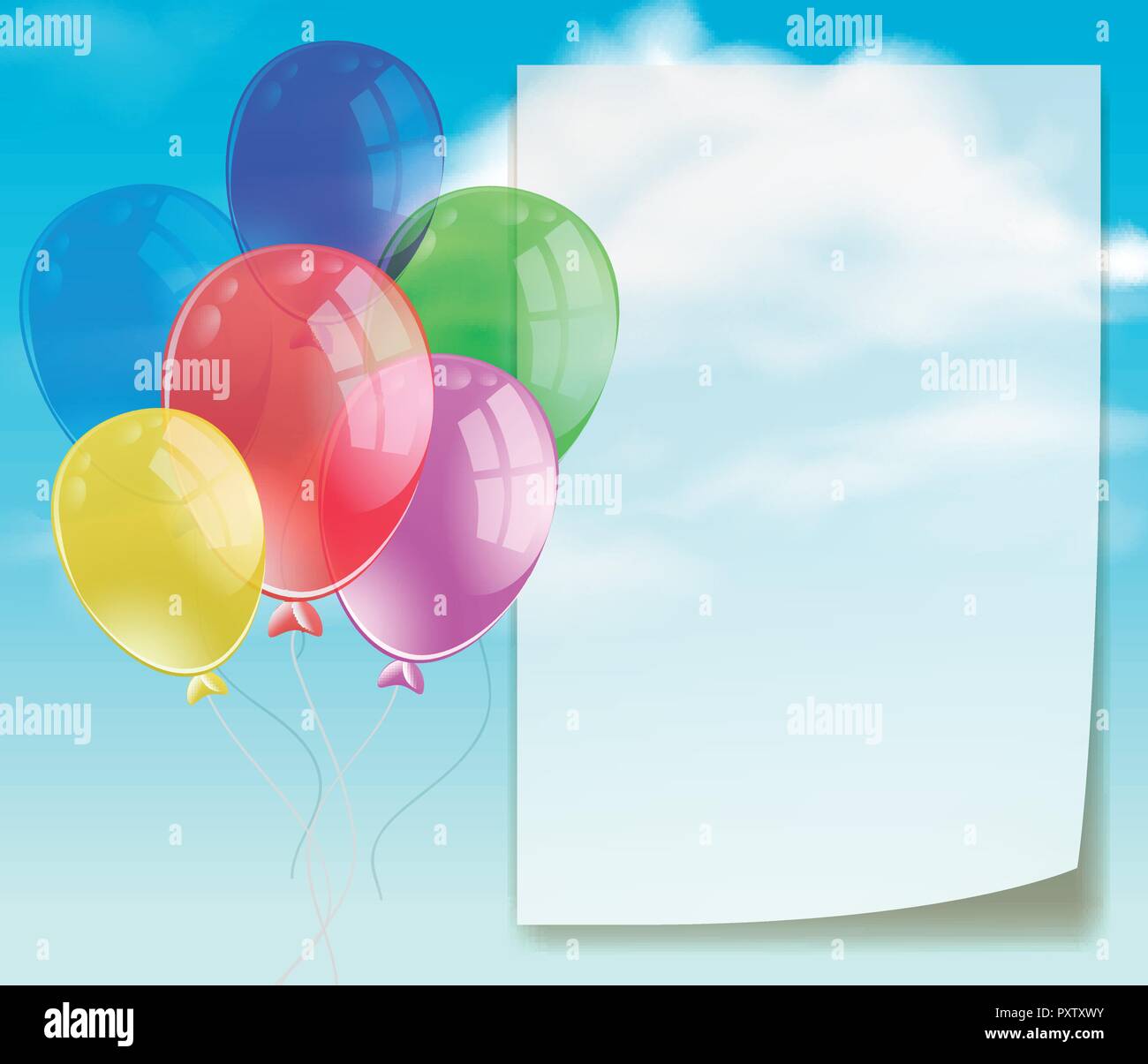 Banner template with colorful balloons in blue sky illustration Stock ...