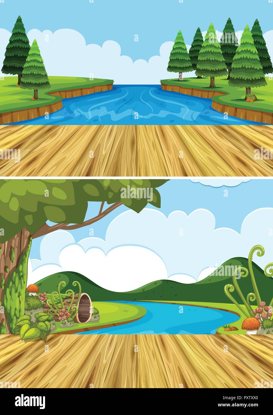 Two background scenes with river and trees illustration Stock Vector ...