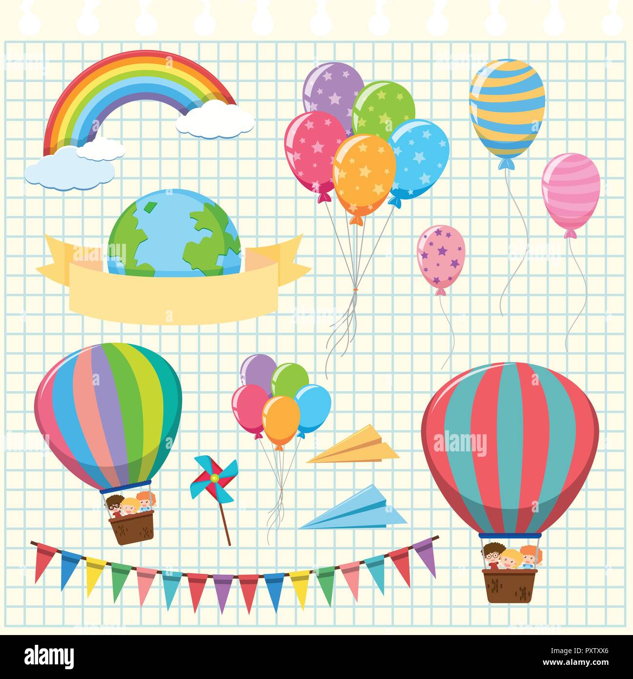 Colorful balloons and flags on grid background illustration Stock ...
