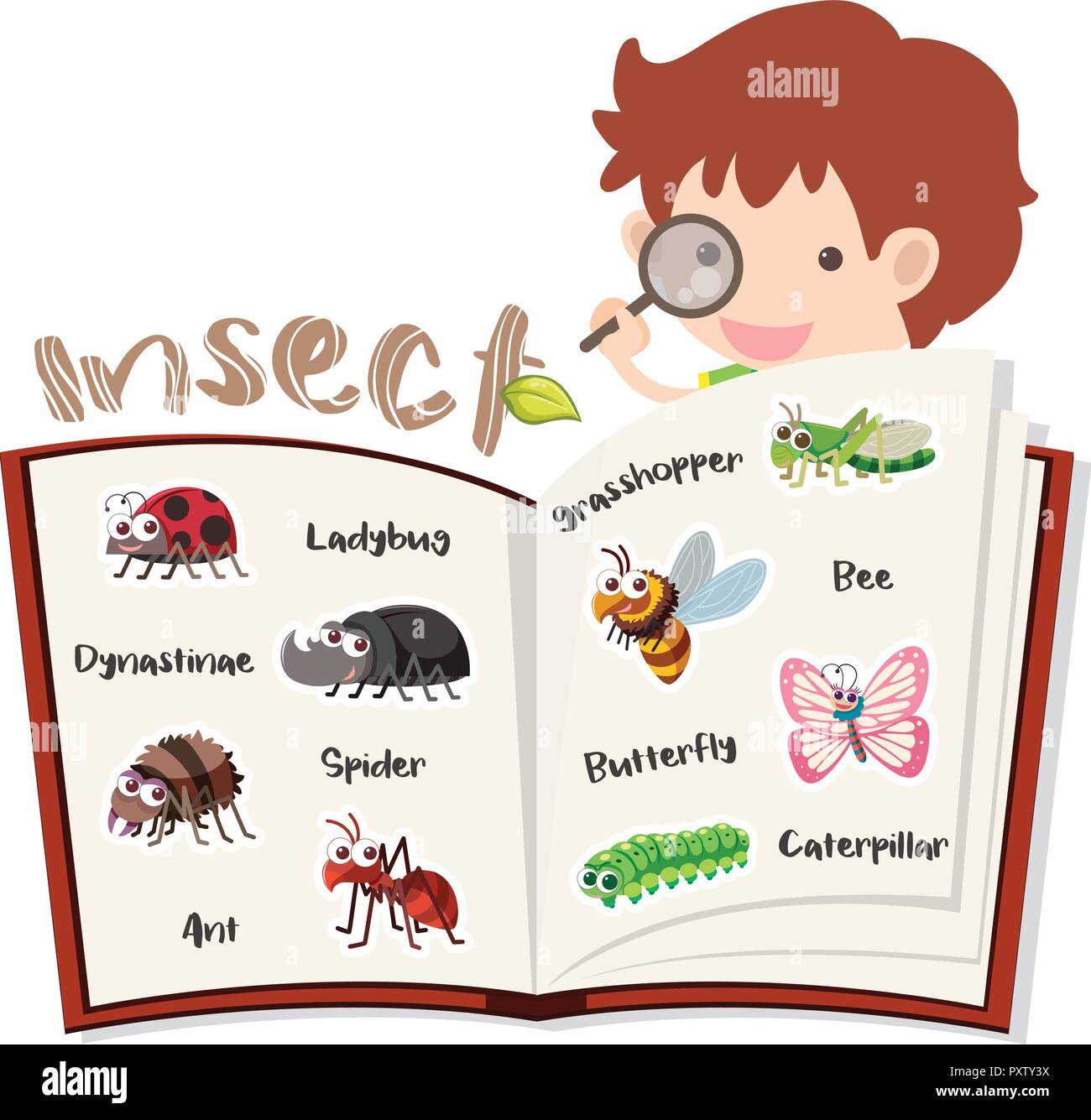 Boy and different insects in the book illustration Stock Vector Image ...