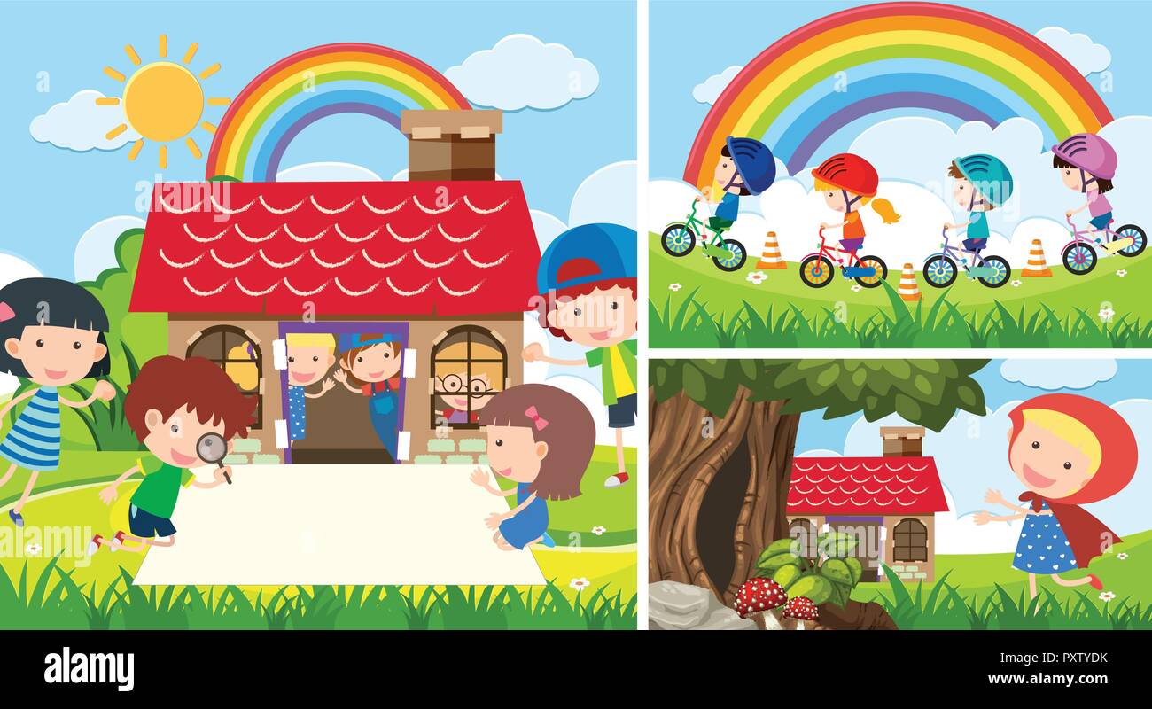 Three scenes with kids playing in garden illustration Stock Vector ...