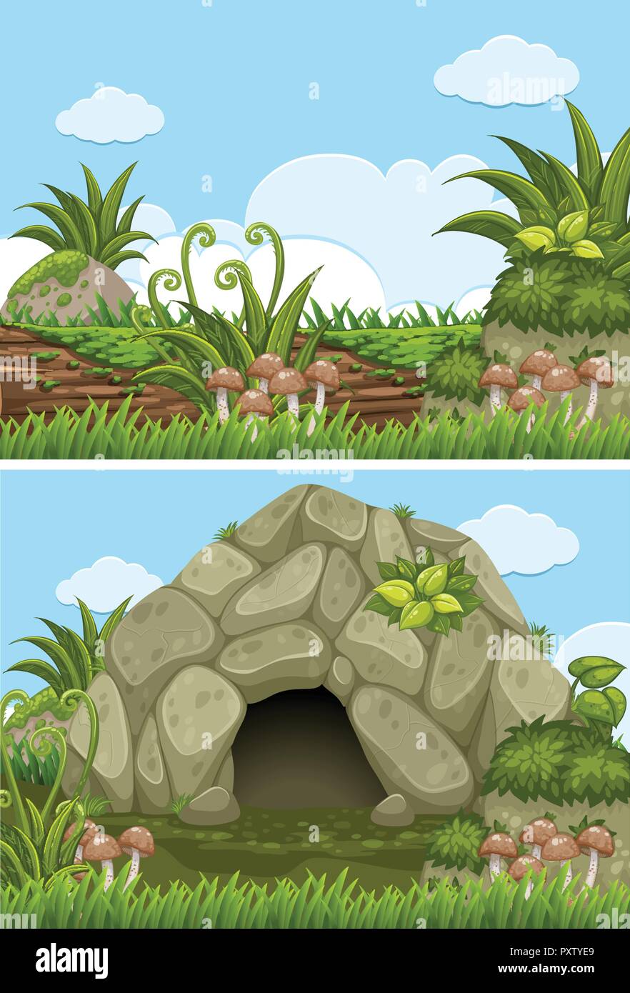 Two background scenes with cave and log illustration Stock Vector Image ...