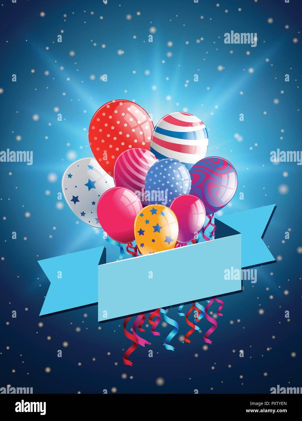 Banner template with colorful balloons on blue background illustration ...
