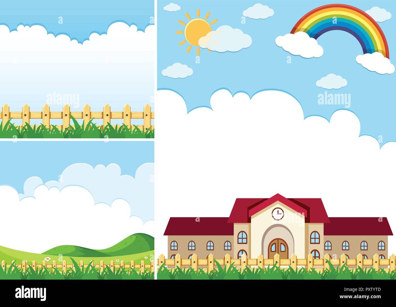 Three background scenes with blue sky illustration Stock Vector Image ...