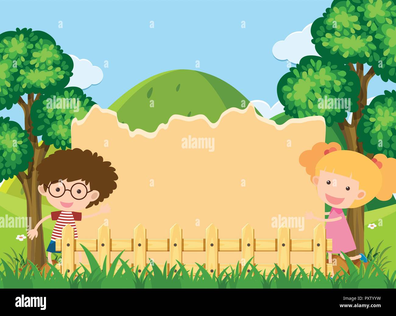 Border template with boy and girl in park illustration Stock Vector ...