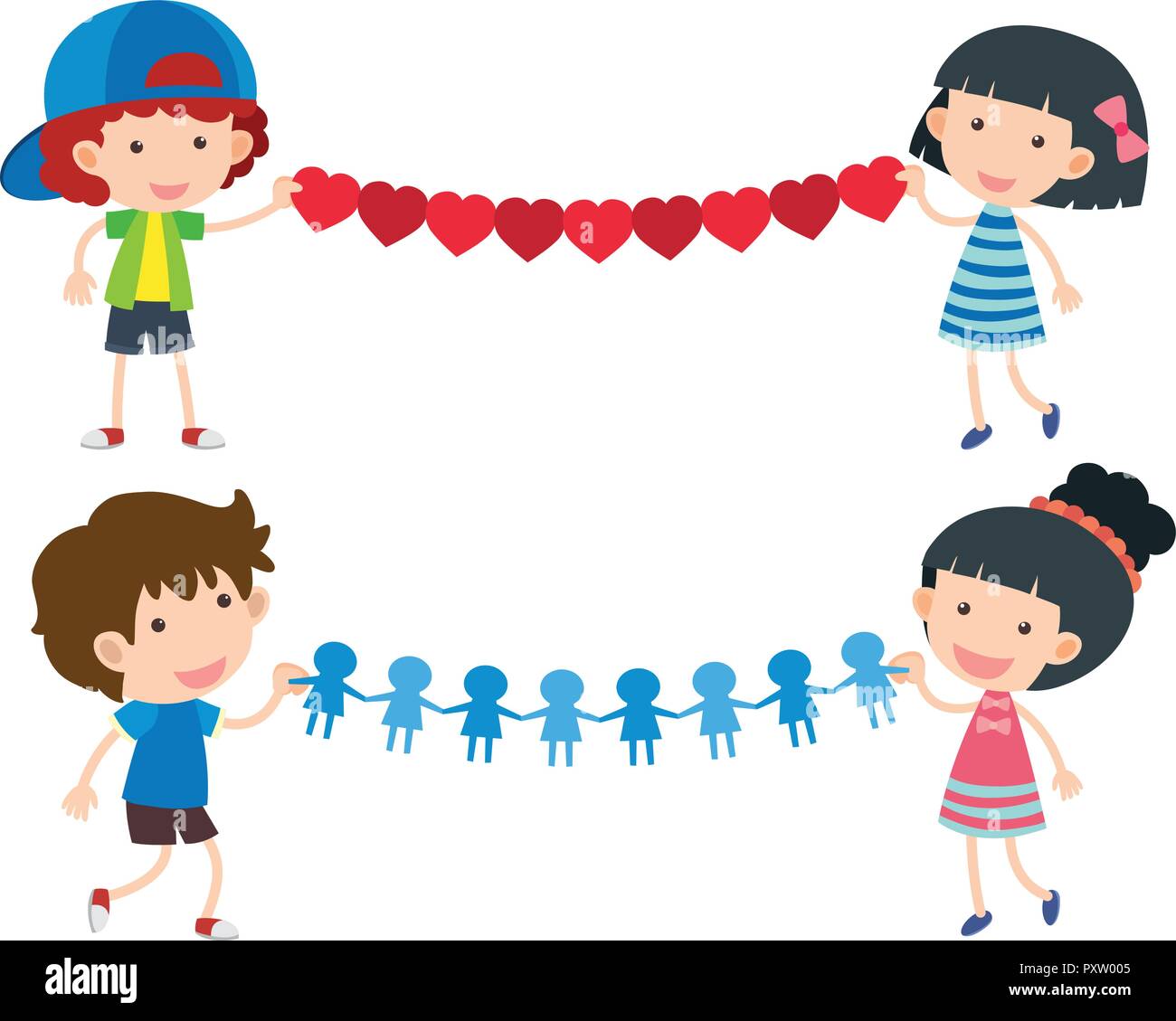 Kids and paper craft shape of heart and people illustration Stock ...