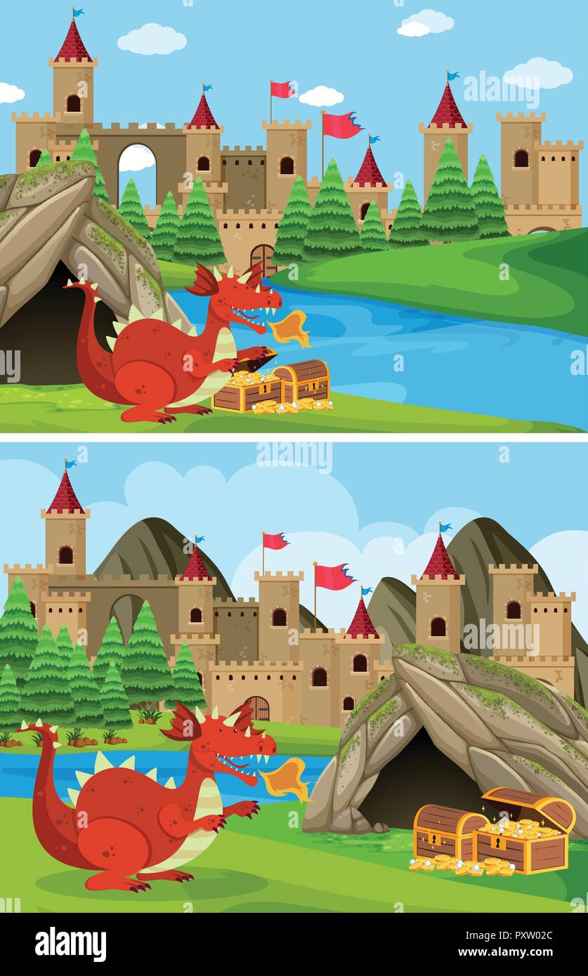Two scenes with red dragon guarding treasure illustration Stock Vector ...