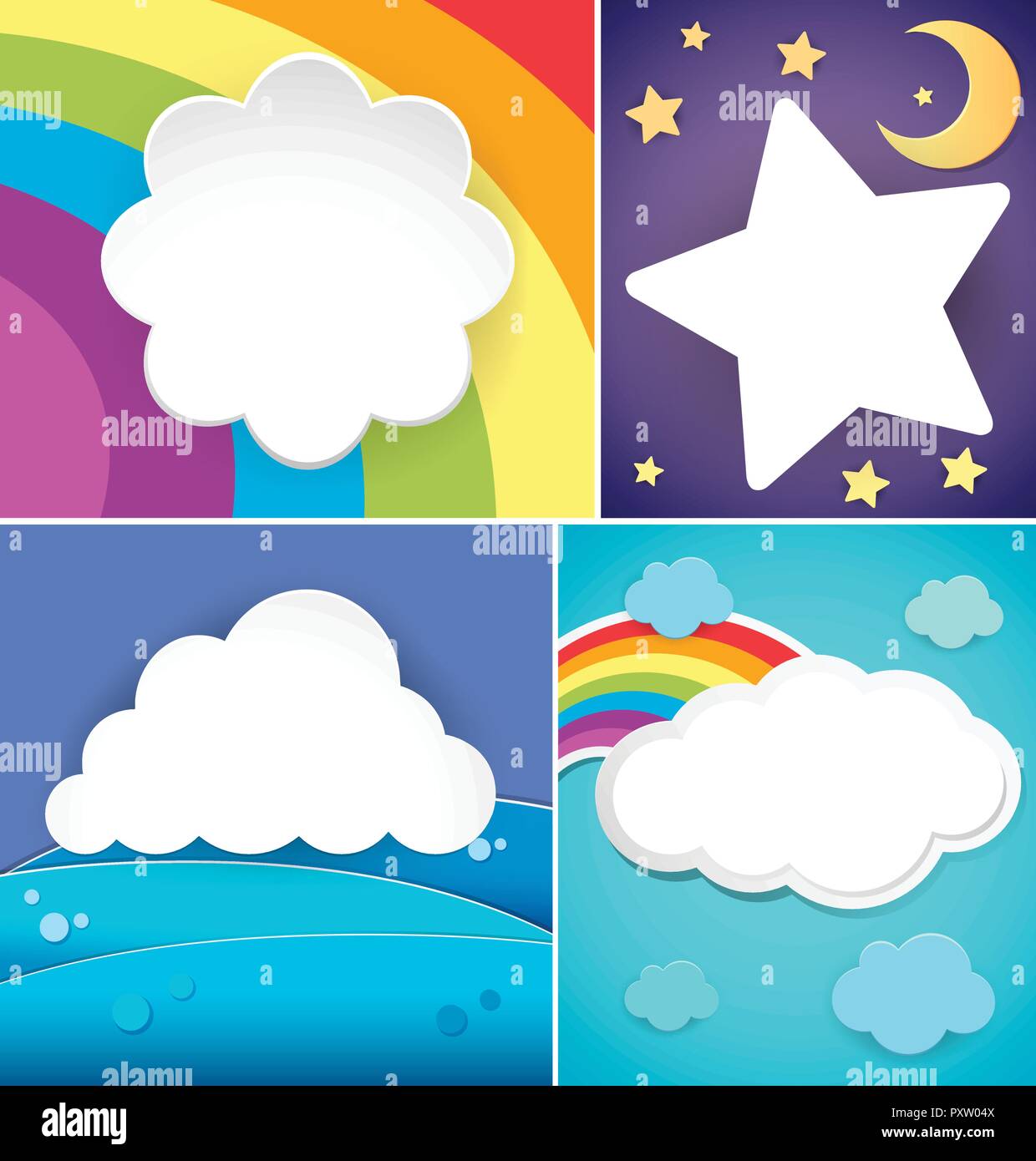 Four banner designs with clouds and rainbow illustration Stock Vector ...