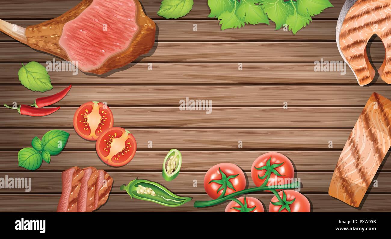 Wooden board with different food ingredients illustration Stock Vector ...