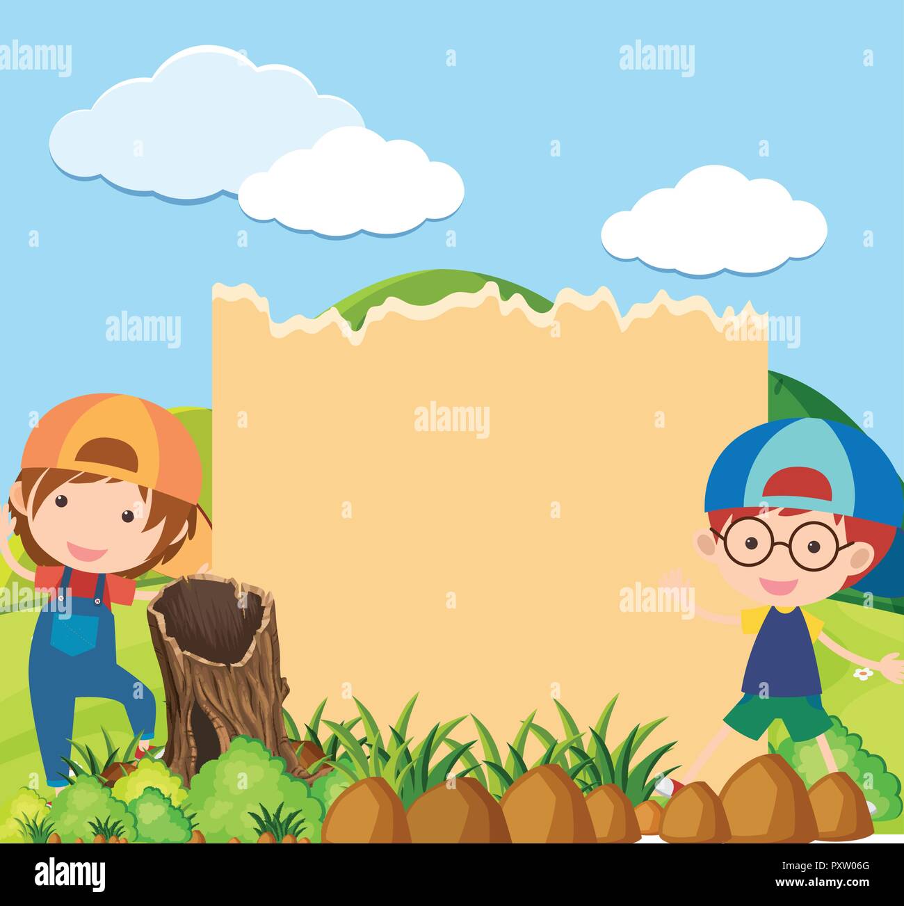 Border template with two boys in park illustration Stock Vector Image ...