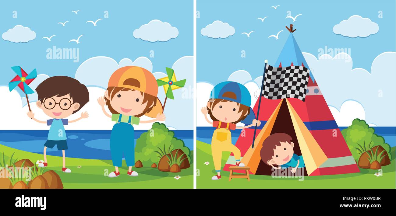 Two park scenes with kids playing illustration Stock Vector Image & Art ...