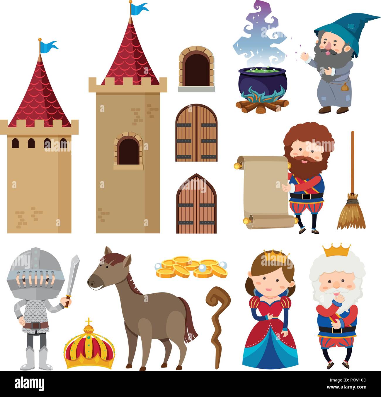 Fairytale characters and castle towers illustration Stock Vector Image ...