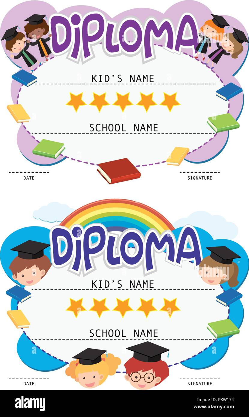 Two diploma templates with kids in graduation gown illustration Stock ...