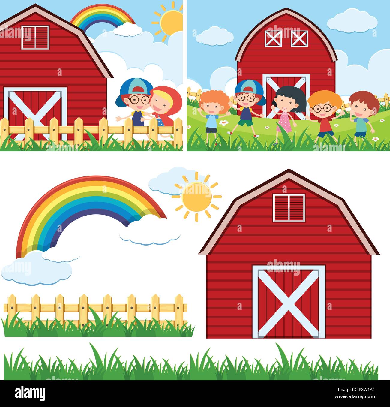 Two farm scenes with red barn and happy children illustration Stock ...