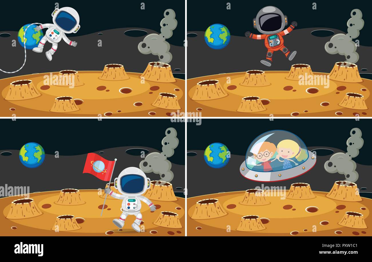 Four space scenes with astronauts flying illustration Stock Vector ...