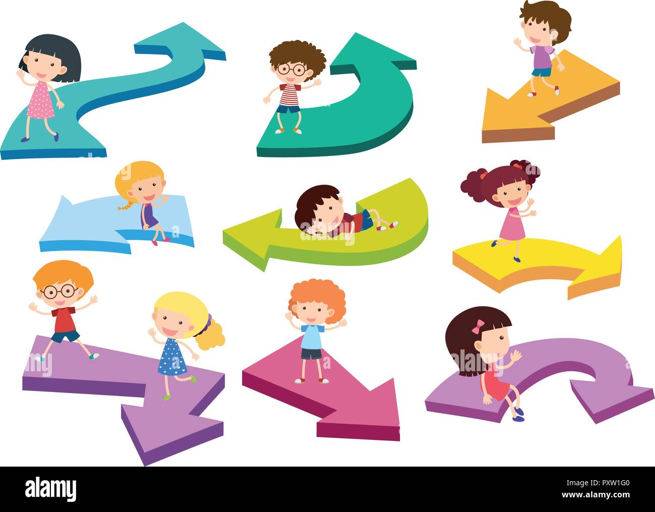 Arrows and happy kids on white background illustration Stock Vector ...
