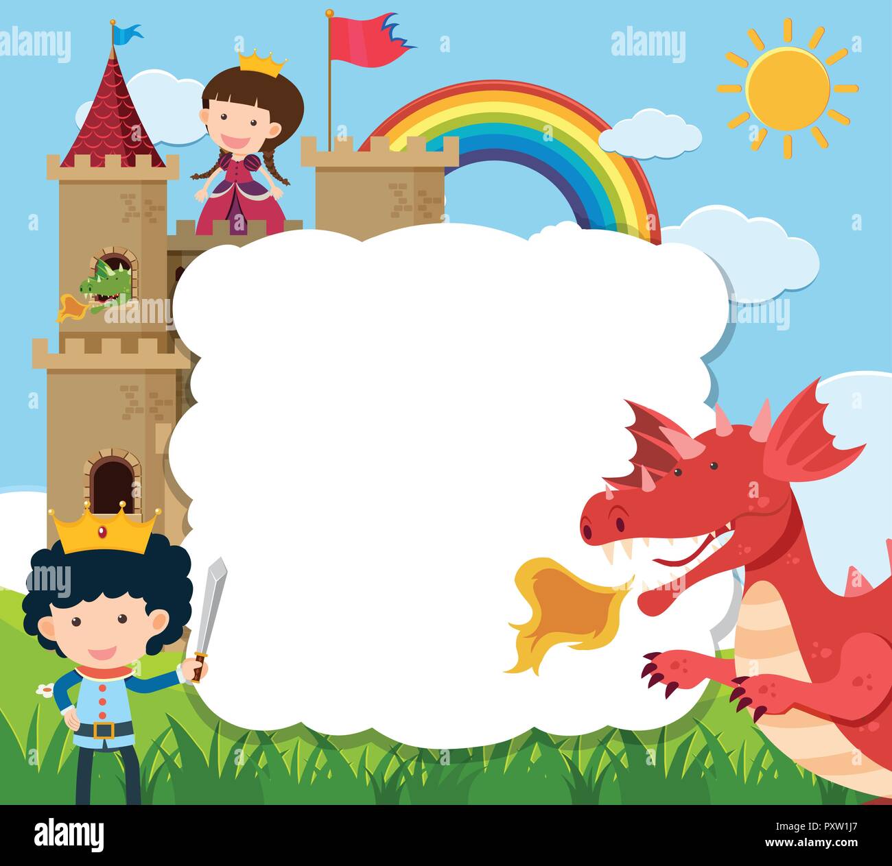 Border template with prince saving princess from dragon illustration ...