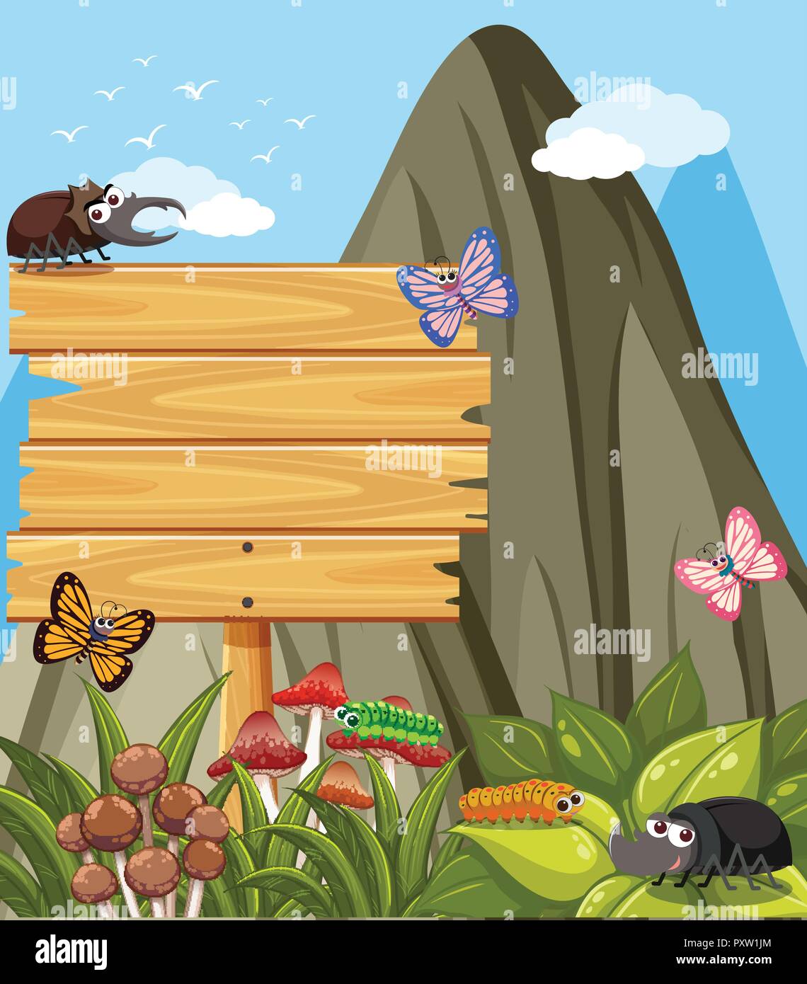 Wooden sign and many insects in garden illustration Stock Vector Image ...