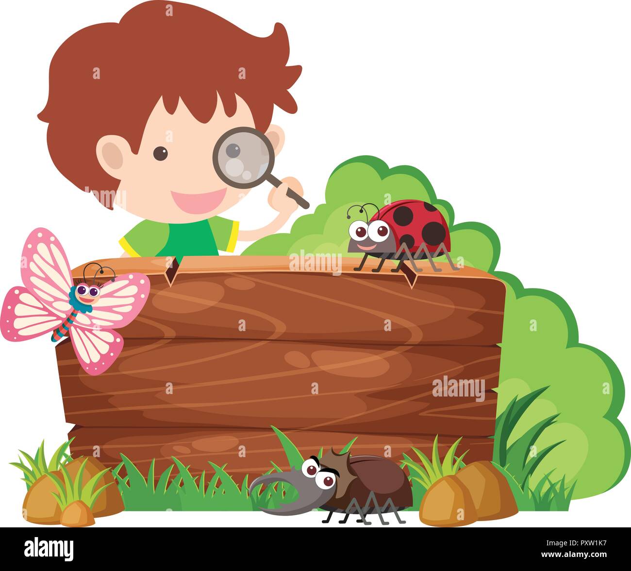 Boy looking at different insects in the park illustration Stock Vector ...