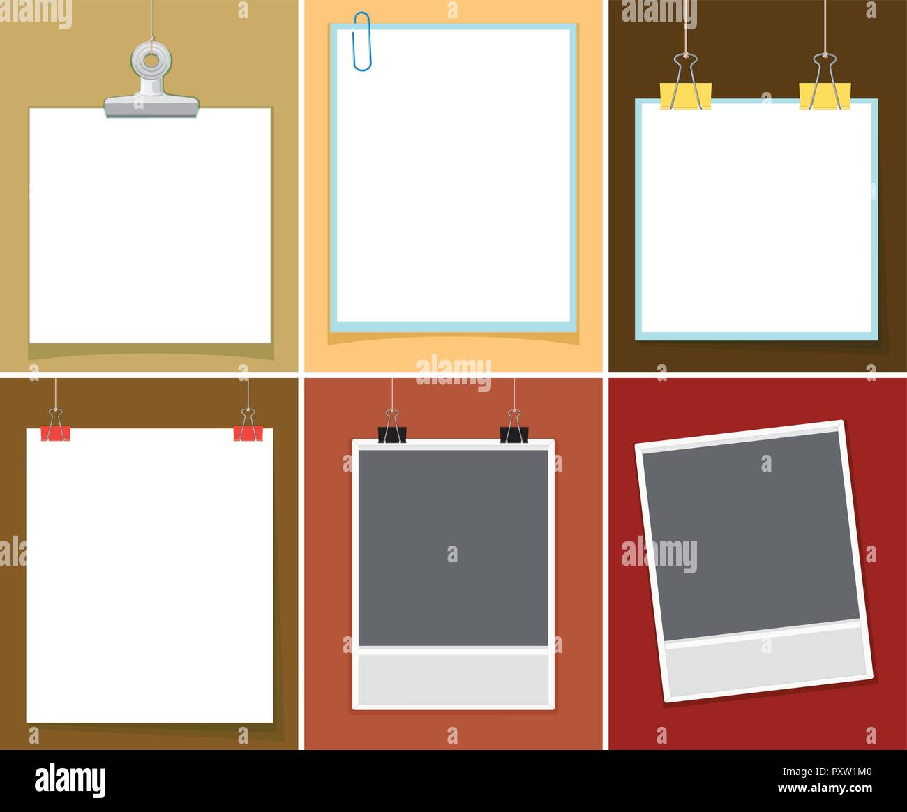 Blank paper with paper clips on different backgrounds illustration ...