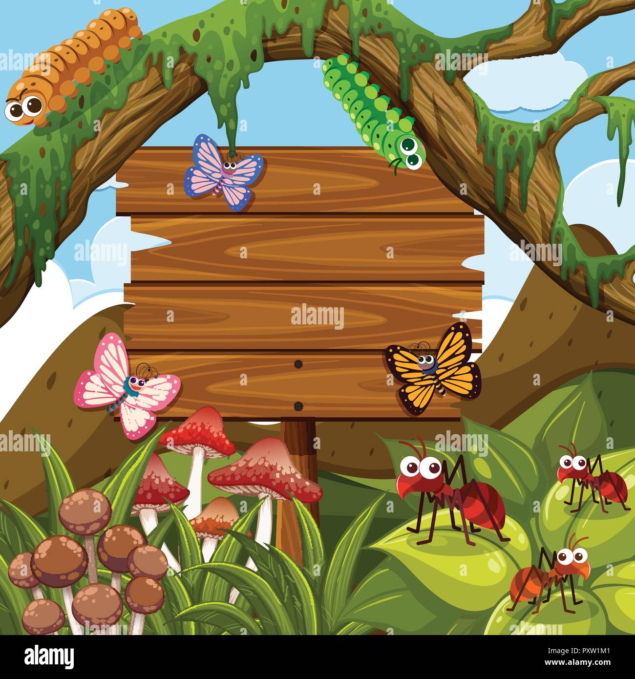 Wooden sign template with bugs in the woods illustration Stock Vector ...