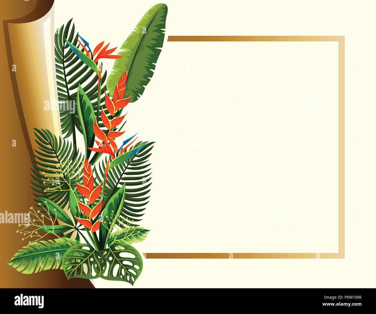 Golden frame with red flowers and green leaves illustration Stock ...