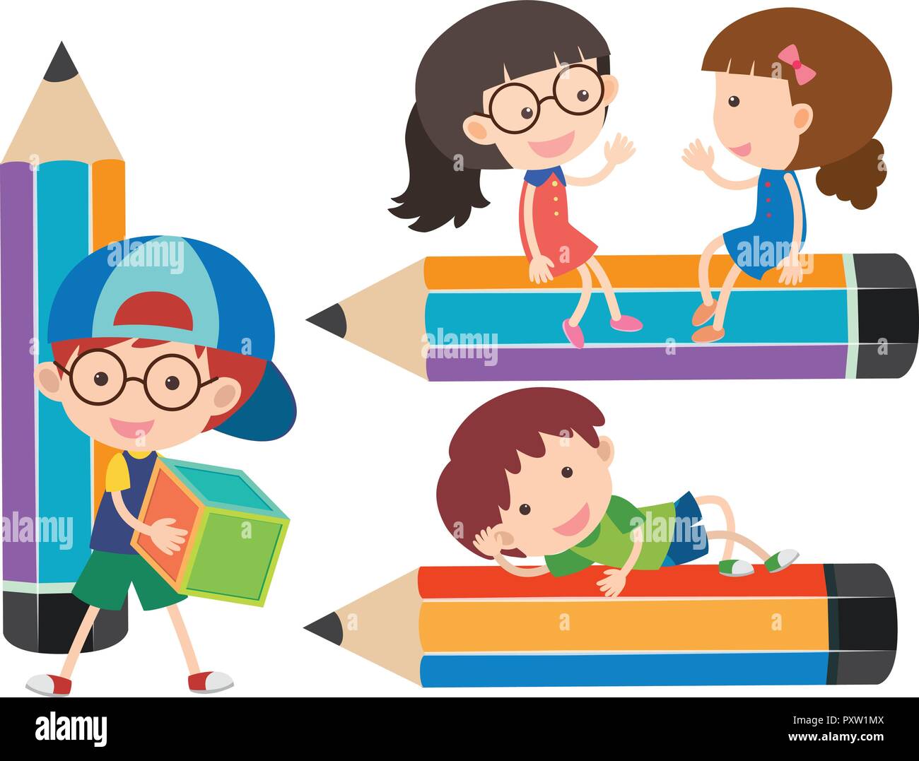 Happy kids and giant pencils illustration Stock Vector Image & Art - Alamy
